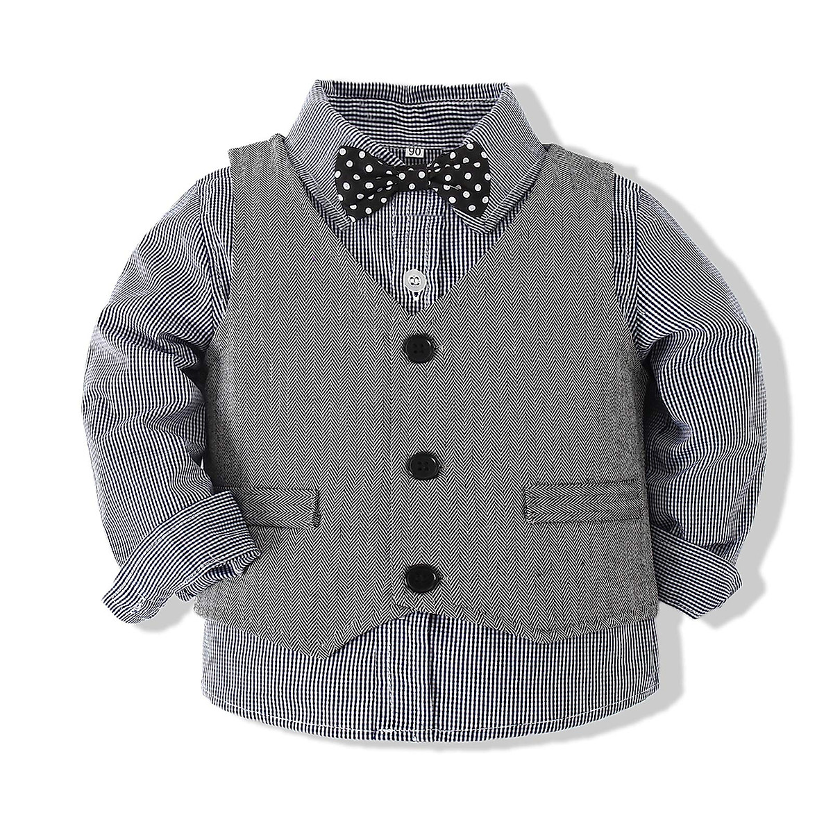 Xiangwu Textitle Baby Boy Gentleman Set with Dress Shirt+Bow Tie+Vest and Pants 3PC Set, Gray Plaid, 18-24 Months
