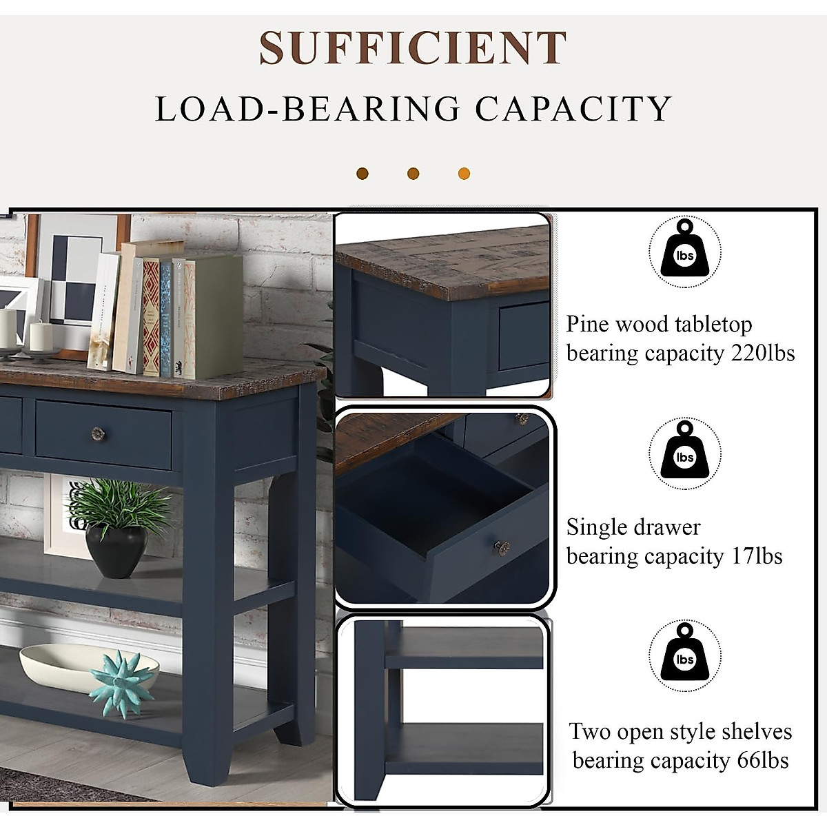 YWUFUART 48 Inch Solid Wood-Console Table-Sofa Table-Storage Cabinet with 3 Drawers and 2 Shelves for Entryway Hallway Living Room (Blue)