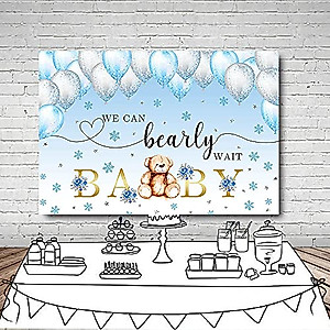 MEHOFOND 7x5ft Winter Snowflake Bear Boy Baby Shower Backdrop We Can Bearly Wait Bear Blue and Silver Balloons Photography Background Party Decor Cake Table Decor Banner Photo Booth