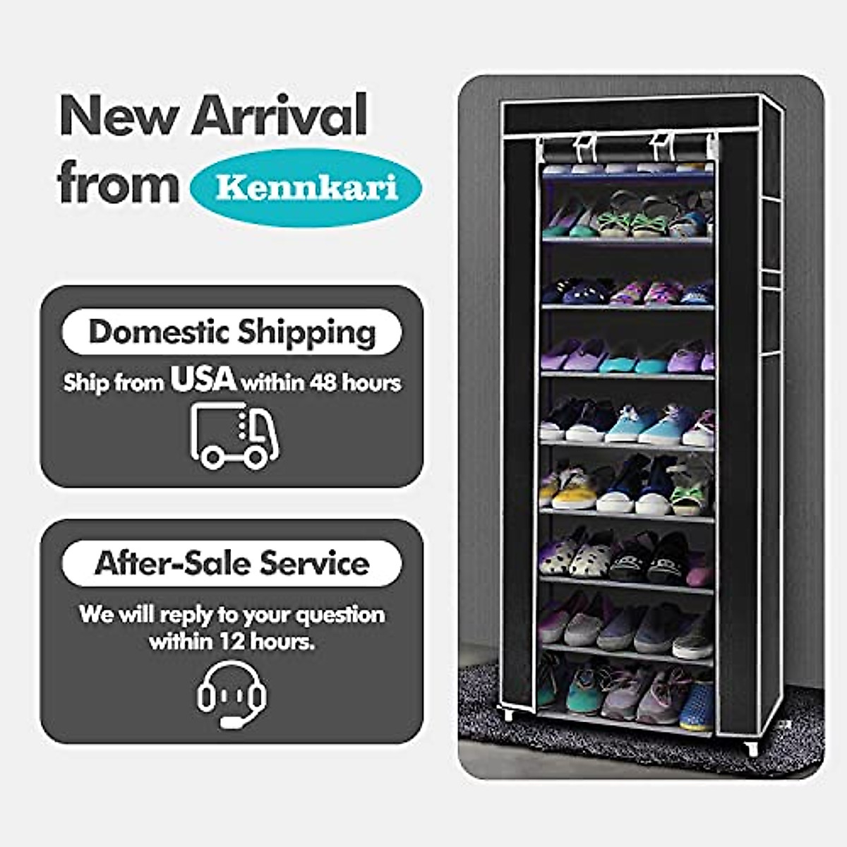 Kennkari 9 Tier Shoe Rack with Dustproof Cover, Free Standing Shoes Organizer, Narrow Shoe Storage Rack, 20-pair (Black)