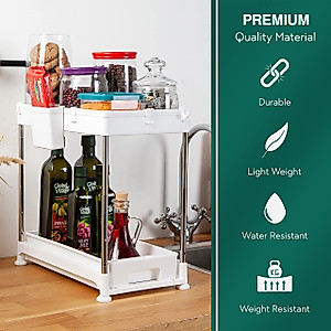 MrSmartSpace Under Sink Organizers and Storage, Adjustable Height 2 Tier Sliding Bathroom Basket, Under Cabinet Storage Shelf, Kitchen Storage Rack with Hooks, Hanging Cup, Dividers, White