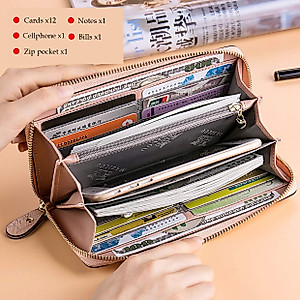 Wallet for Women Wristlet Large Cell Phone Wallet Case Pocket Long Card Holder Coin Purse Bifold RFID Blocking Zipper Clutch Handbag Leather Travel Evening Bag Gifts for Girls Ladies (Black 01)