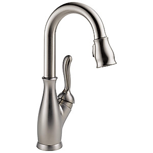 Delta Faucet Leland Bar Faucet Brushed Nickel, Bar Sink Faucet Single Hole, Wet Bar Faucets with Pull Down Sprayer, Prep Sink Faucet, Faucet for Bar Sink, SpotShield Stainless 9678-SP-DST