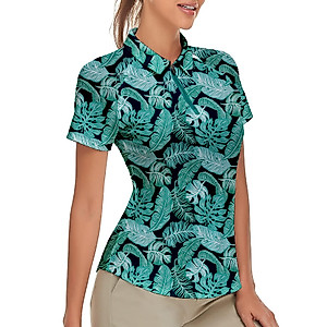 Women Summer Floral Print Polo Shirts Short Sleeve Golf Shirts Dry Fit (Green Printed, Large)