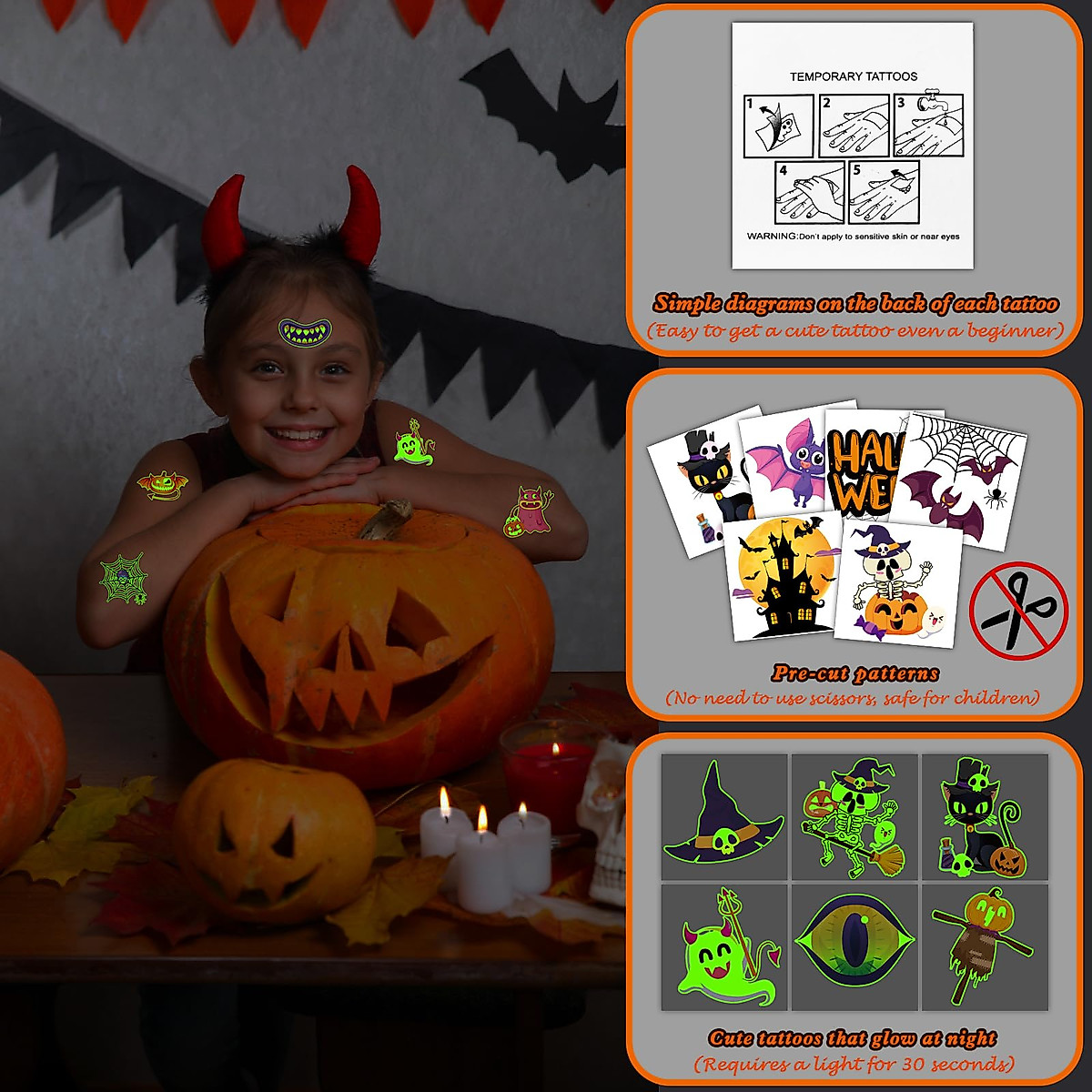 Konsait 96 PCS Halloween Temporary Tattoos for Kids, Pre-cut Glow in the Dark Fake Tattoos Halloween Kids Temporary Tattoos Halloween Party Favors Halloween Decorations Treats non Candy Prizes for Kid