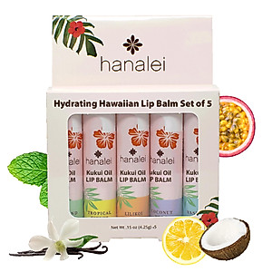 Hanalei Lip Balm and Moisturizer - Natural Kukui Oil, Beeswax Lip Moisturizer - Replenish and Repair Dry, Chapped Lips - Variety Pack(5 sticks)