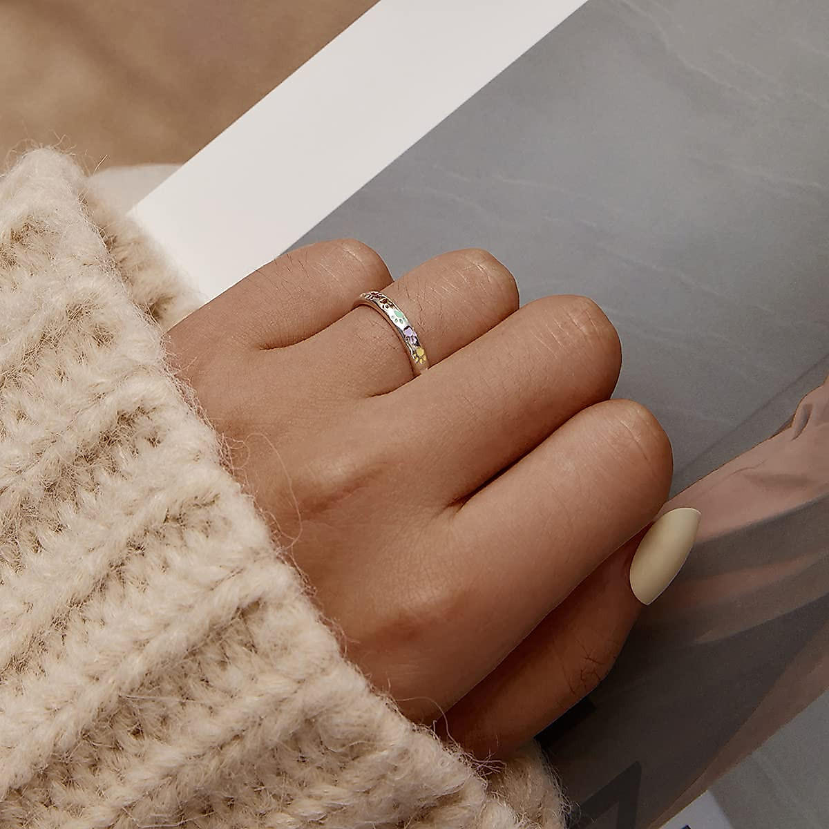 BISAER S925 Sterling Silver Puppy Dog Cat Paw Ring, Multicolor Pet Print Enamel Ring for Women 3-3.4mm