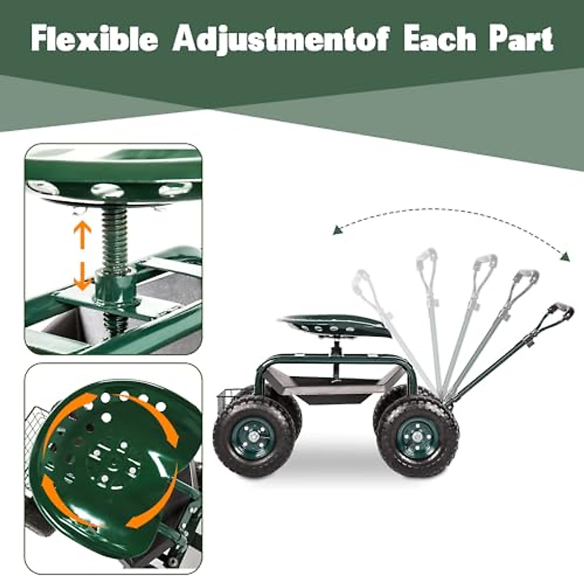 Kinsuite Rolling Utility Garden Cart Patio Wagon with Adjustable 360 Degree Swivel Seat Heavy Duty Steel Frame