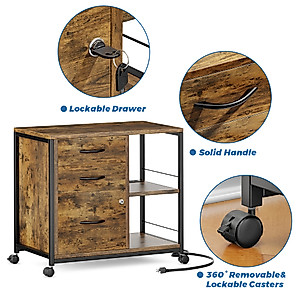 Himusi 3 Drawer Wood File Cabinet with Socket and USB Charging Ports for Home Office, Rolling Lateral Filing Cabinet with Locking Drawer for A4/Letter Size, Printer Stand with Storage, Rustic