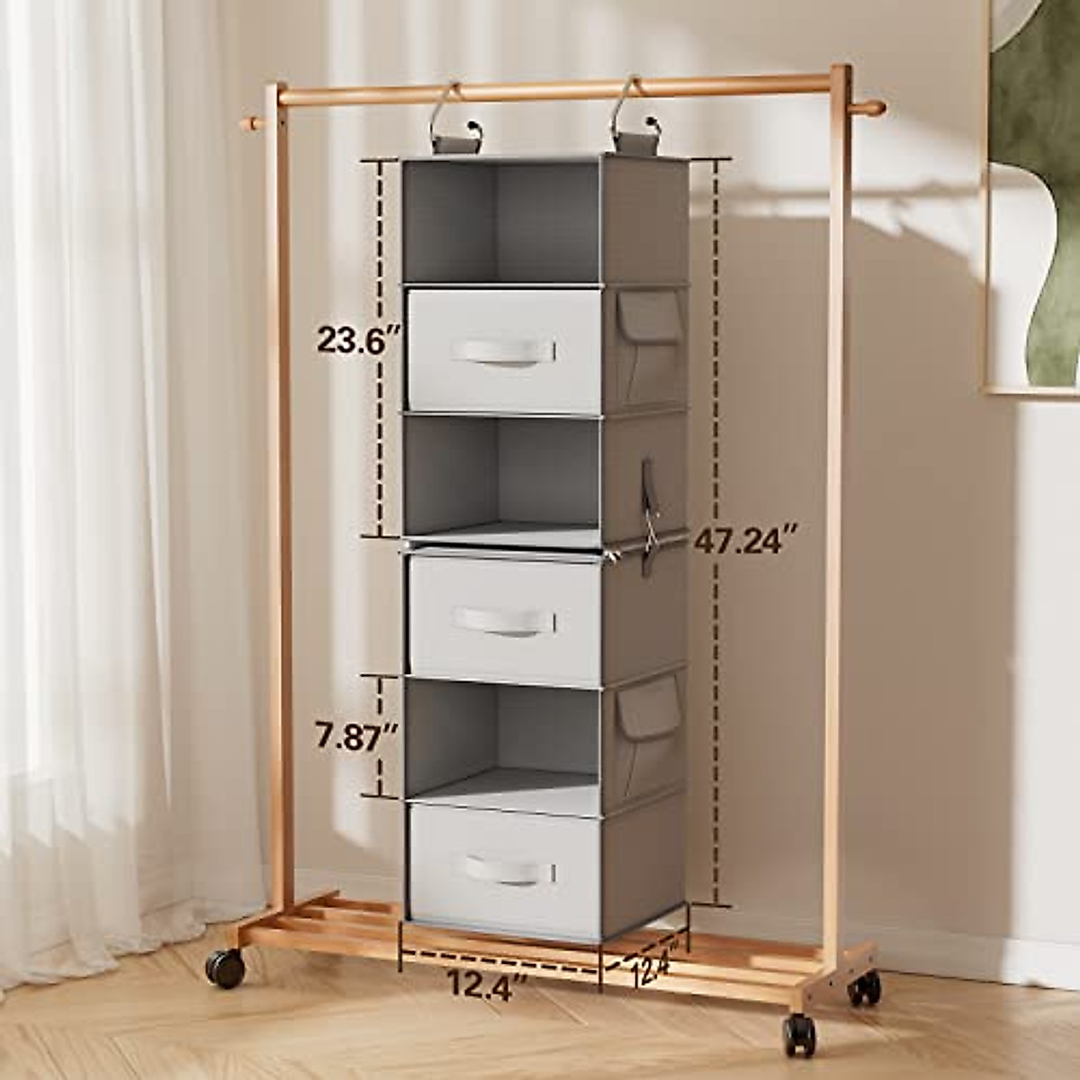 Pipishell Hanging Closet Organizer 6-Shelf, Hanging Shelves for Closet with 3 Removable Drawers & Side Pockets, Hanging Shelf Organizer for Bedroom or Garment Rack