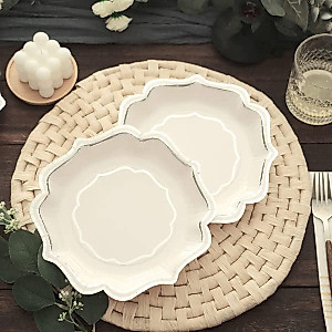 Tableclothsfactory 25 Pack | White/Silver 8" Scallop Rim Dessert Party Paper Plates, Disposable Appetizer Salad Plates - 300 GSM
