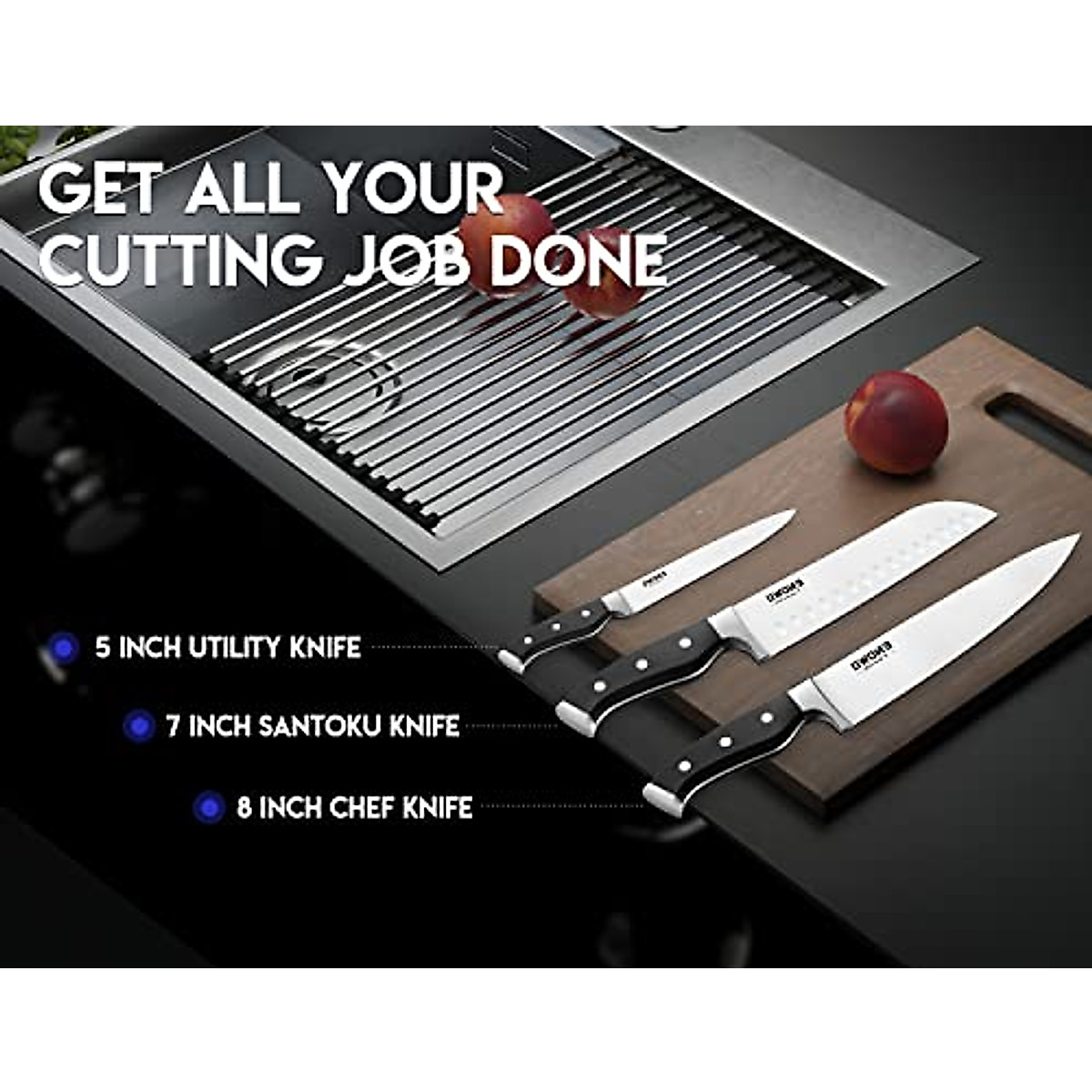 enowo Chef Knife Ultra Sharp Kitchen Knife Set 3 PCS,Premium German Stainless Steel Knife with Finger Guard Clad Dimple,Ergonomic Handle and Gift Box