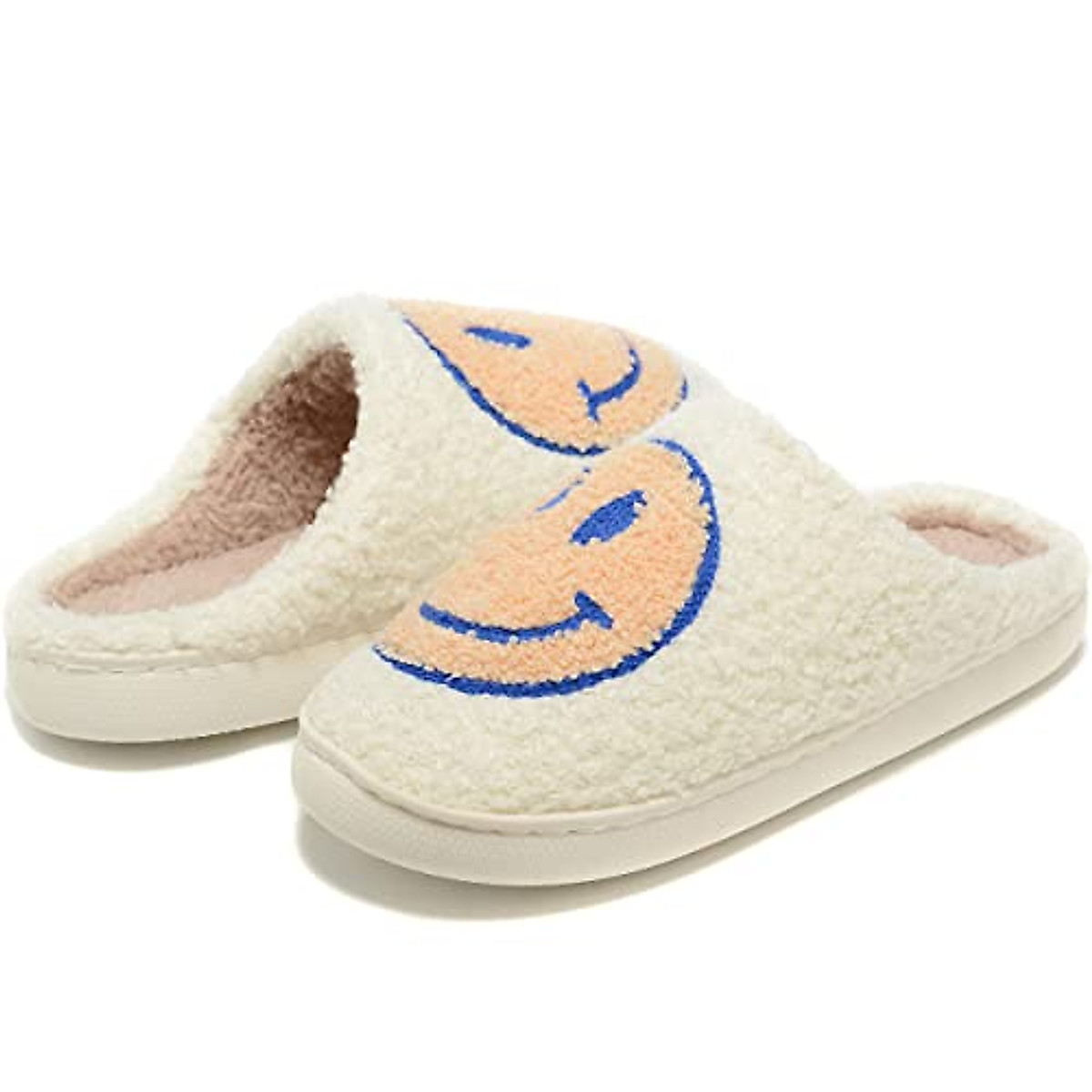 Women Men Retro Fuzzy Face Slippers Retro Soft Fluffy Warm Home Non-Slip Couple Style Casual Smiley Face Slippers Soft Memory Foam Fuzzy Slides Indoor Outdoor Anti-Skid Warm Cozy Foam Slide
