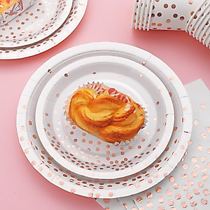 Gudvilla 200PCS Rose Gold Plates and Napkins Party Supplies,Rose Gold Party Decorations Serve 50 Guests,Gold Polka Dots Paper Plates for Retirement Wedding Decorations-Rose Gold Birthday Plates