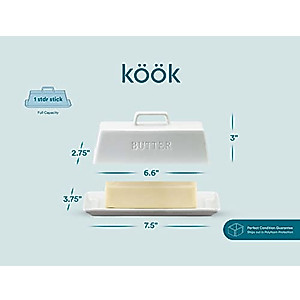 Kook Ceramic Butter Dish with Lid, Kitchen Countertop Butter Keeper, Serving Tray with Cover, Storage Container, Holds 1 Stick, Microwave and Dishwasher Safe, White