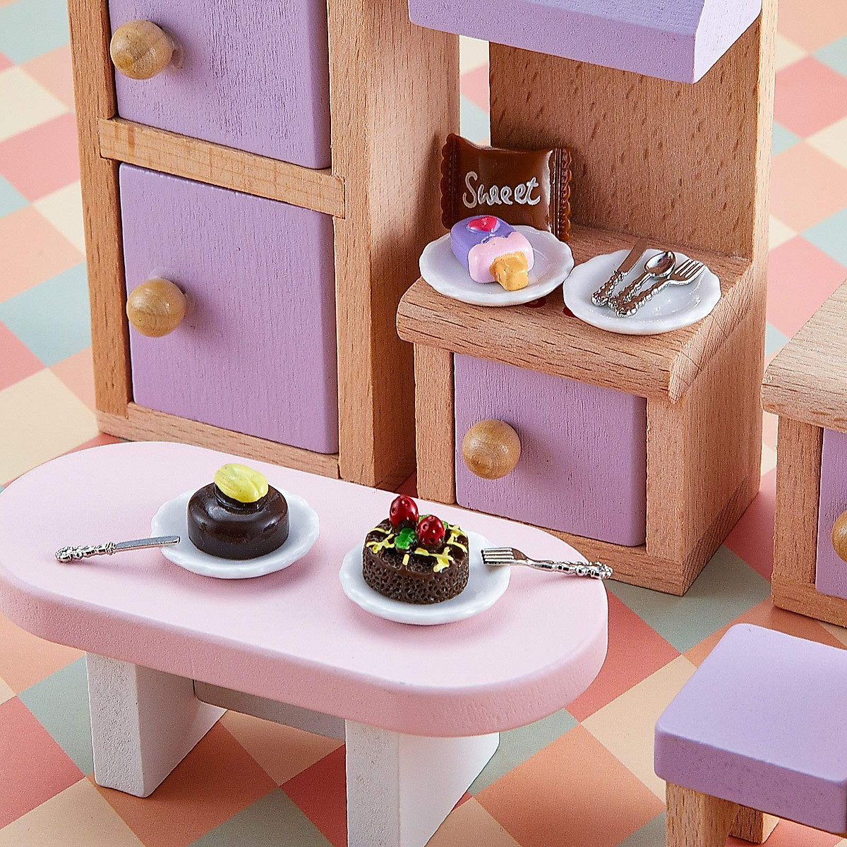 Skylety 4 Pieces 1:12 Scale Miniature Dollhouse Plates and 12 Pieces Spoons Knives Forks Metal Tableware Kitchen Accessories Miniatures Porcelain Plate Set Dollhouse Decoration