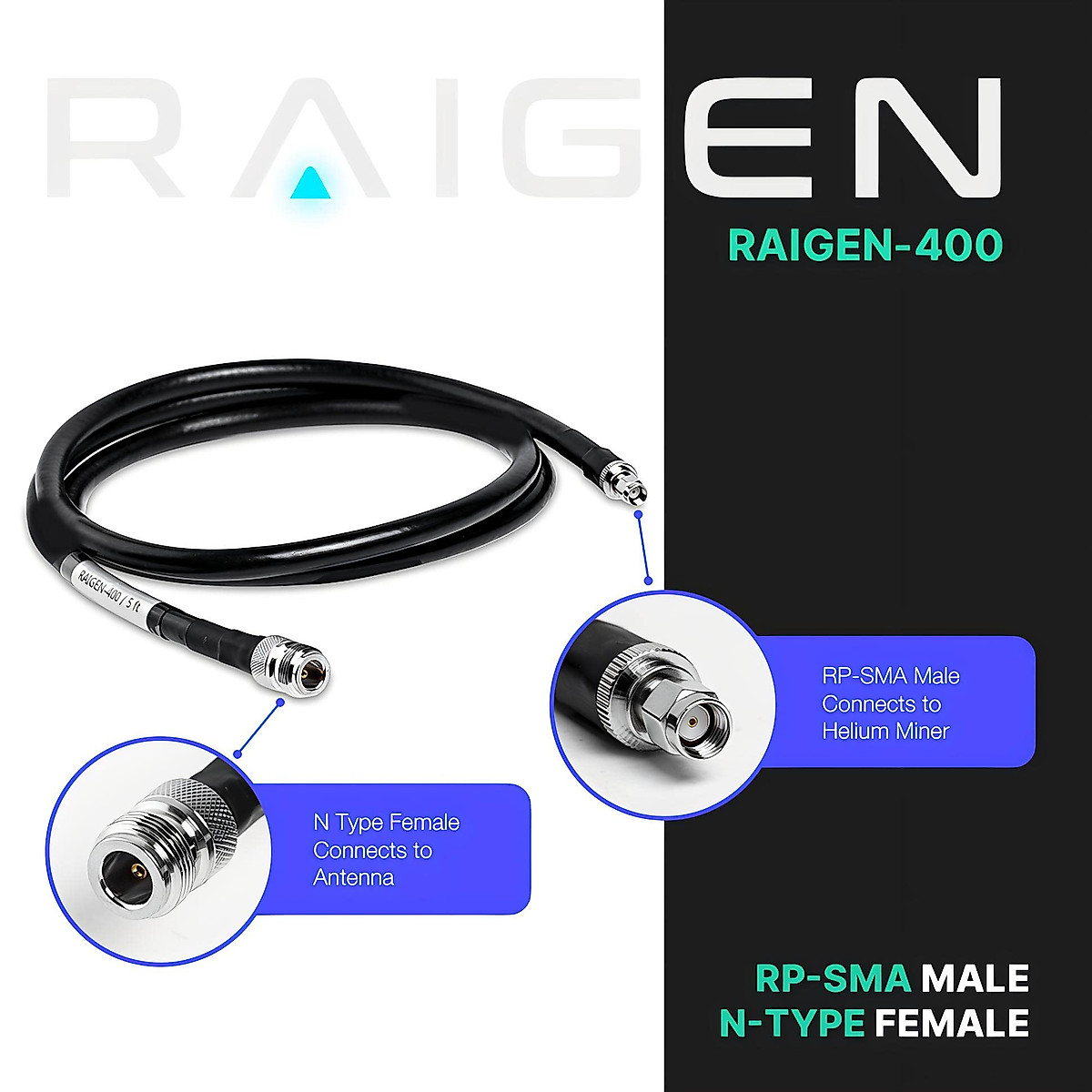 RAIGEN-400 N Type Female to RP-SMA Male - Helium Miner Cable 10ft Low Loss Extension for LoRa Antenna HNT Hotspot Nebra RAK Bobcat Syncrob Sensecap WiFi 4G LTE 10-100ft (10ft N-Female to SMA-Male)
