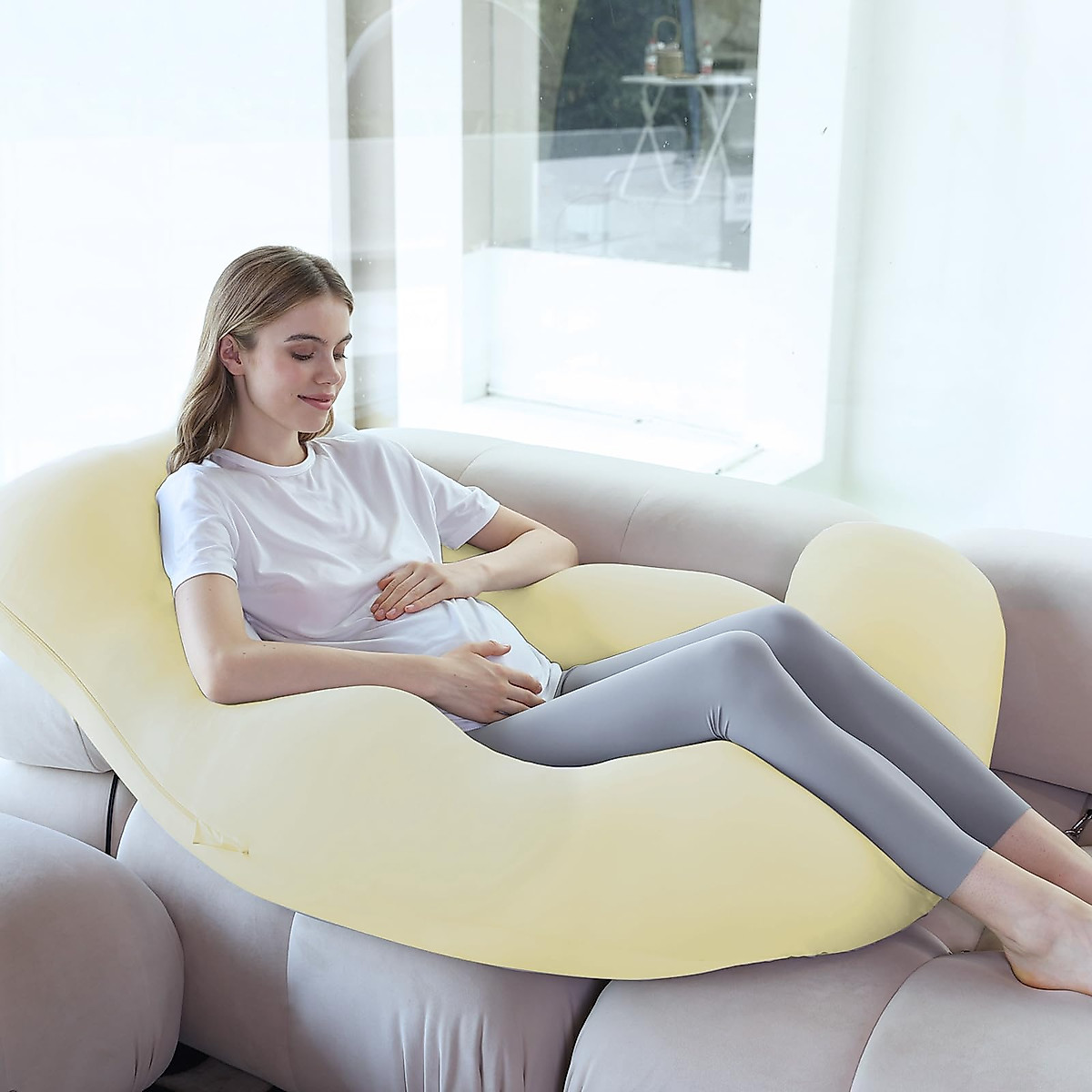 Sasttie Pregnancy Pillows for Sleeping, Maternity Pillow for Pregnant Women, U Shaped Body Pillow Pregnancy Must Haves, 59'' Full Pregnant Pillow with Removable Cover, Light Yellow,59''x31.5''
