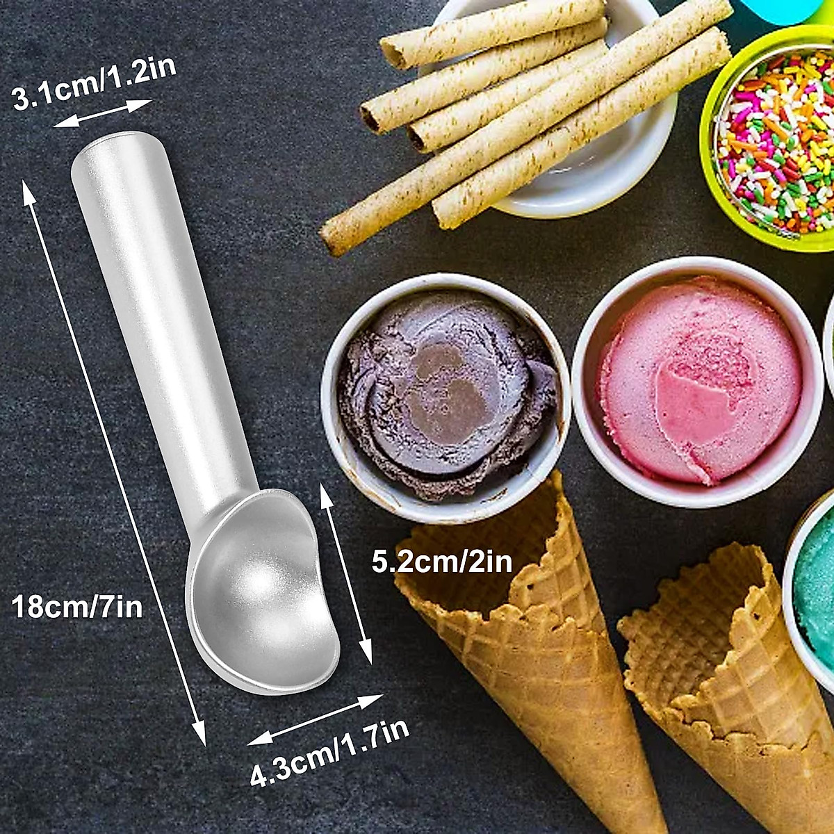 Ice Cream Scoop,7 inches Nonstick Anti-Freeze One Piece Aluminum Scooper Spoon, Heavy Duty Durable Design, Easy Clean, for Gelato, Cookie Dough, Sorbet, Almond