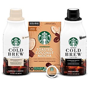 Starbucks Summer Variety Pack, K-Cup Coffee Pods Naturally Flavored Toasted Coconut Mocha And Cold Brew Concentrates Signature Black, Madagascar Vanilla, 100% Arabica, 10 pods And 32 fl oz each