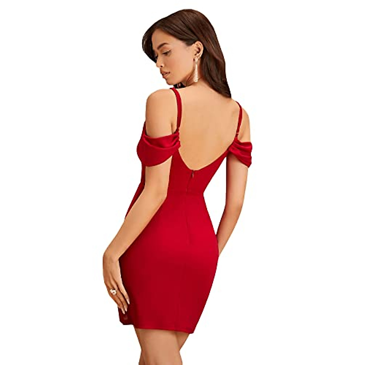 SweatyRocks Women's Elegant Short Sleeve Cold Shoulder Dress Wrap Bodycon Mini Dresses Red S