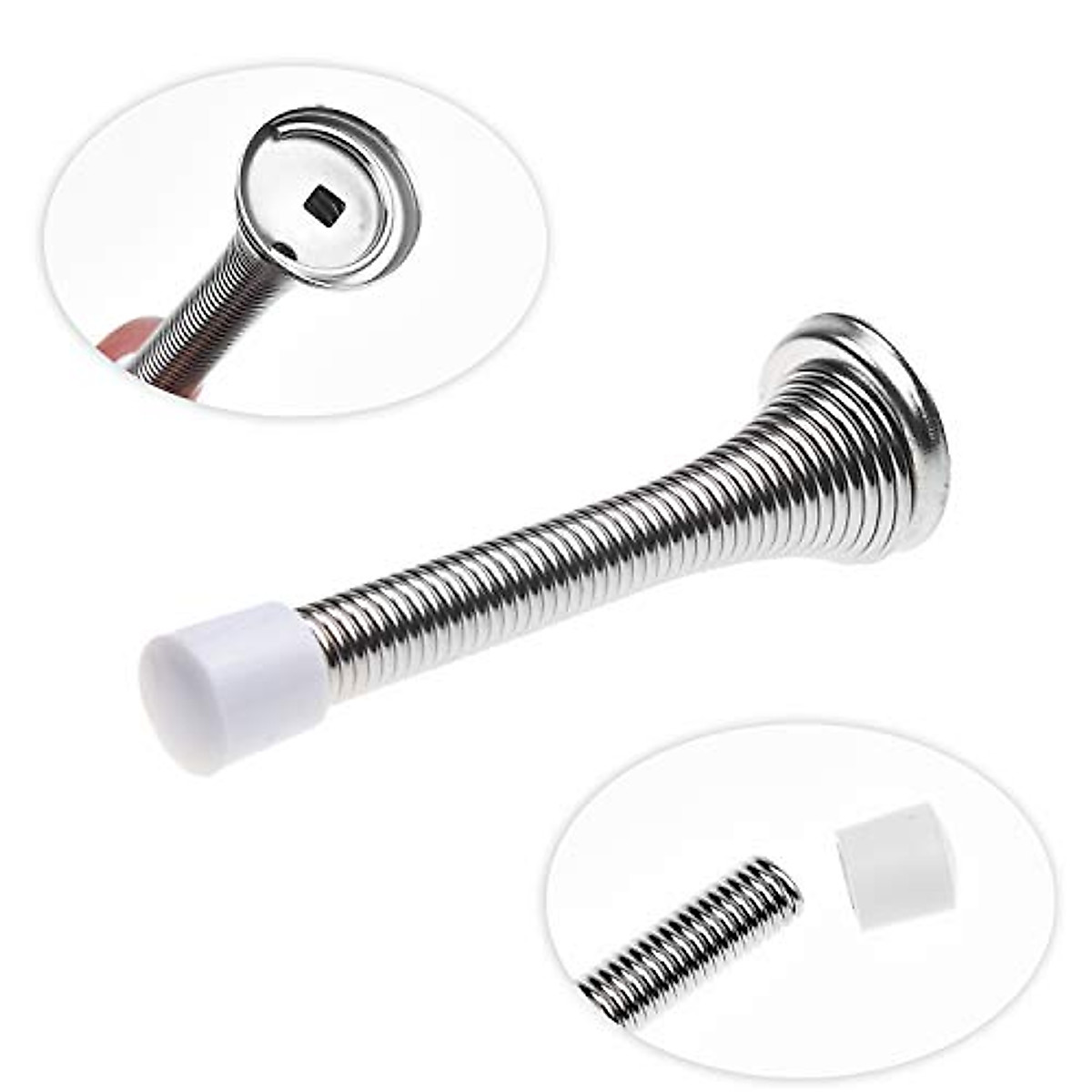 Kare & Kind 4X Spring Door Stoppers (Silver) - Screw-in Flexible Steel Stoppers with White Rubber Bumper Tips - Protect Walls from Bumps, Marks and Damages - Kid and Pet Safe - for Homes, Offices