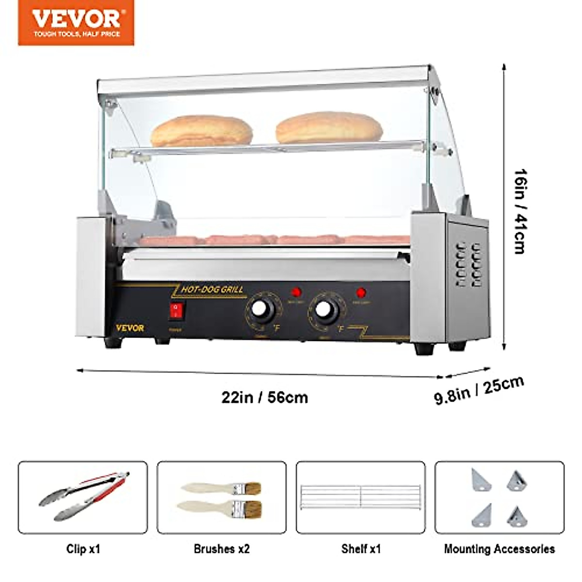VEVOR Hot Dog Roller 5 Rollers 12 Hot Dogs Capacity, 750W Stainless Sausage Grill Cooker Machine with Dual Temp Control Glass Hood Acrylic Cover Bun Warmer Shelf Removable Oil Drip Tray ETL Certified