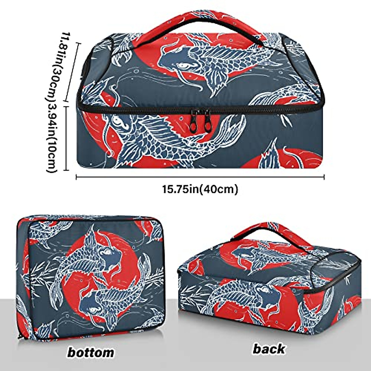 NFMILI Casserole Carrier for Hot and Cold Koi Sun Print, Insulated Food Delivery Bag Reusable Warmer Carrier Bag with Inner Pocket Aesthetic Print 15.75×11.81×3.94 inch