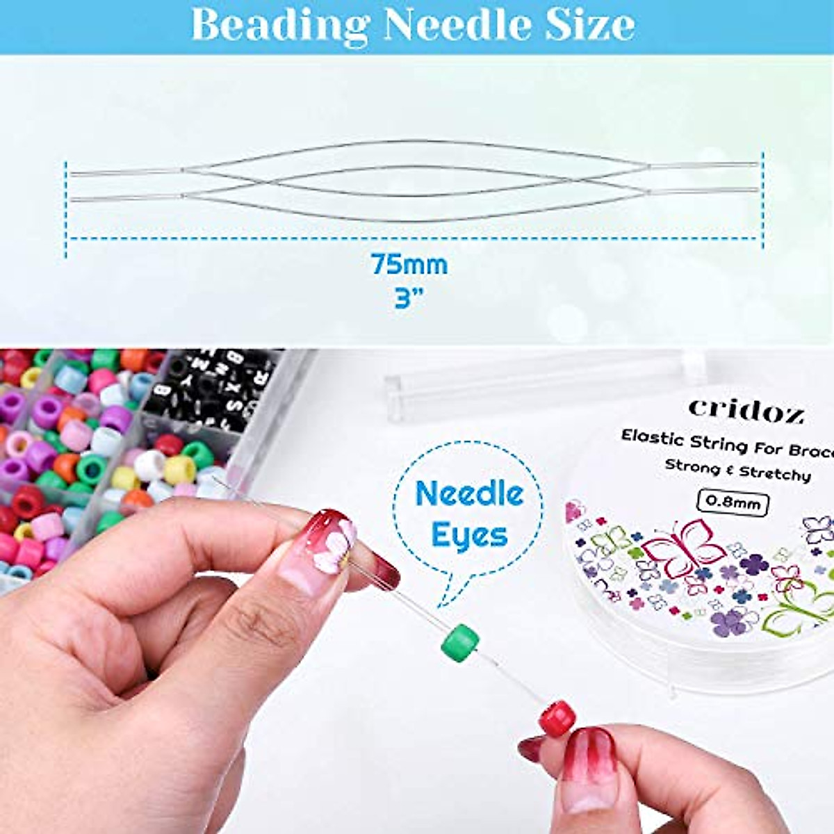 Stretchy String for Bracelets, Cridoz 5 Rolls Clear Elastic String Stretch Cord Jewelry Bead Bracelet String with 2 Pcs Beading Needles for Seed Beads, Pony Beads, Bracelets and Jewelry Making (Assort