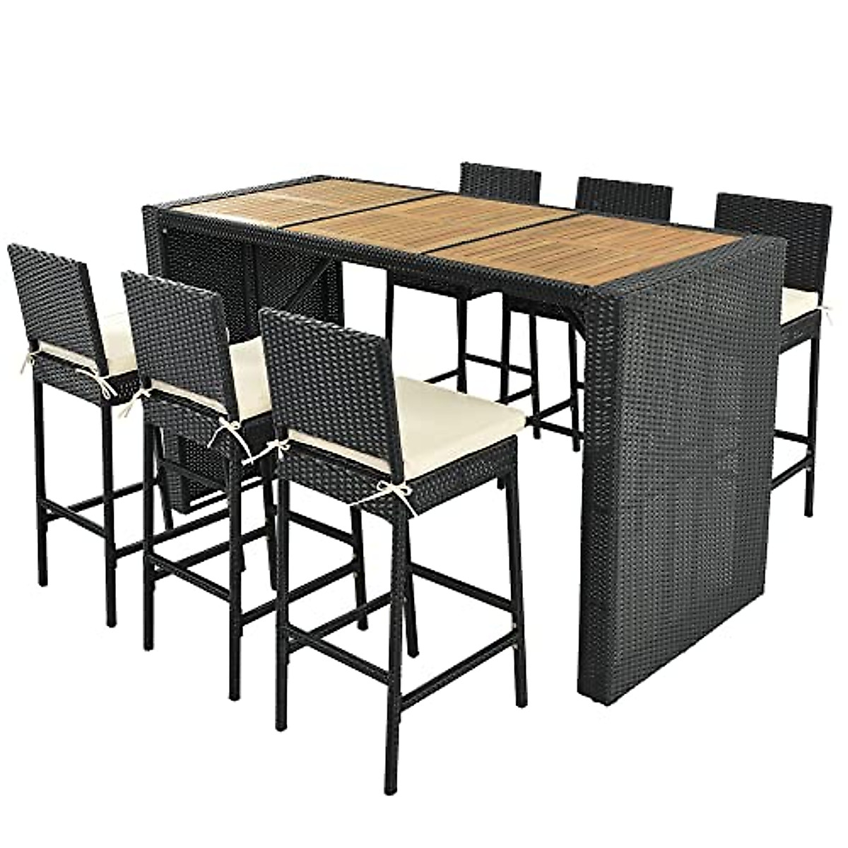 Outdoor Patio 7-Piece Rattan Dining Table Set, PE Wicker Bar Furniture Set with Wood Tabletop and 6 Dining Chairs for Backyard, Garden(Black2-7PCS)
