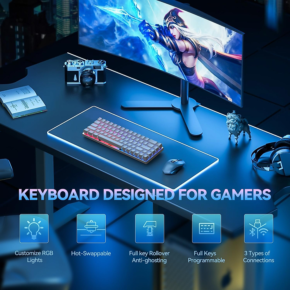 CIY X79 Wired/Wireless Bluetooth Mechanical Gaming Keyboard, RGB Backlit Ultra-Compact 65% Layout 68 Keys Gaming Keyboard, Hot Swappable Keyboard,CNC Aluminum Alloy Panel (EVO Red Switch) (White)