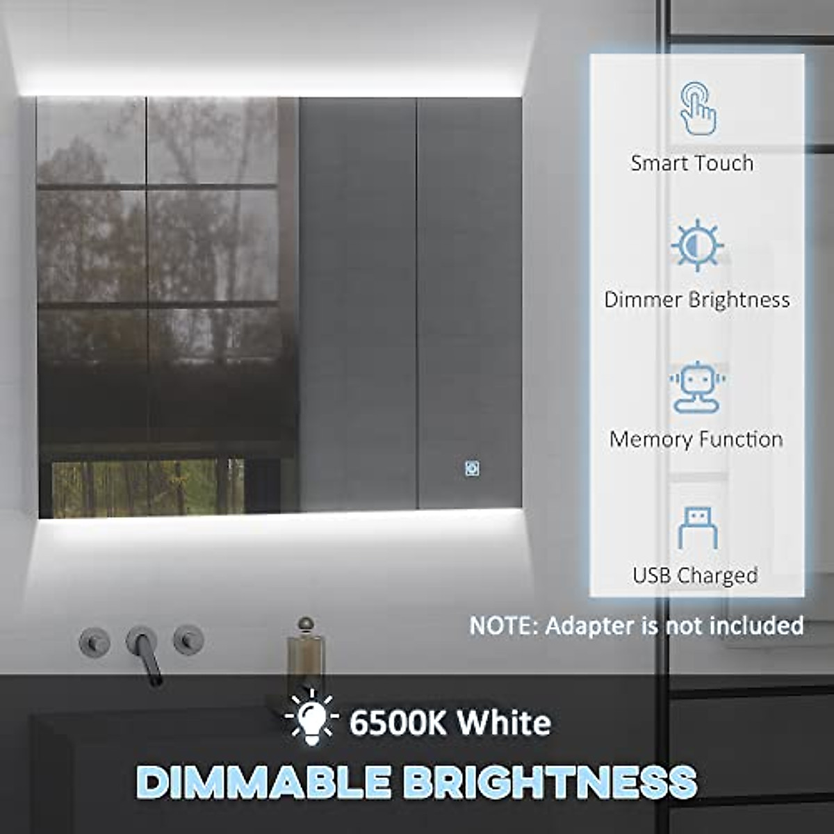 kleankin LED Medicine Cabinet, 35.5 x 29.5 Wall-Mounted Bathroom Vanity Mirror Organizer with Dimmer Touch Switch, Three Doors, and USB Charged, White