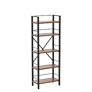 Crofy Rustic Bookshelf, 5 Tier Real Wood Bookshelf, Metal Book Shelf for Storage, Black Bookcase, 12.6" D x 23.62" W x 64.17" H