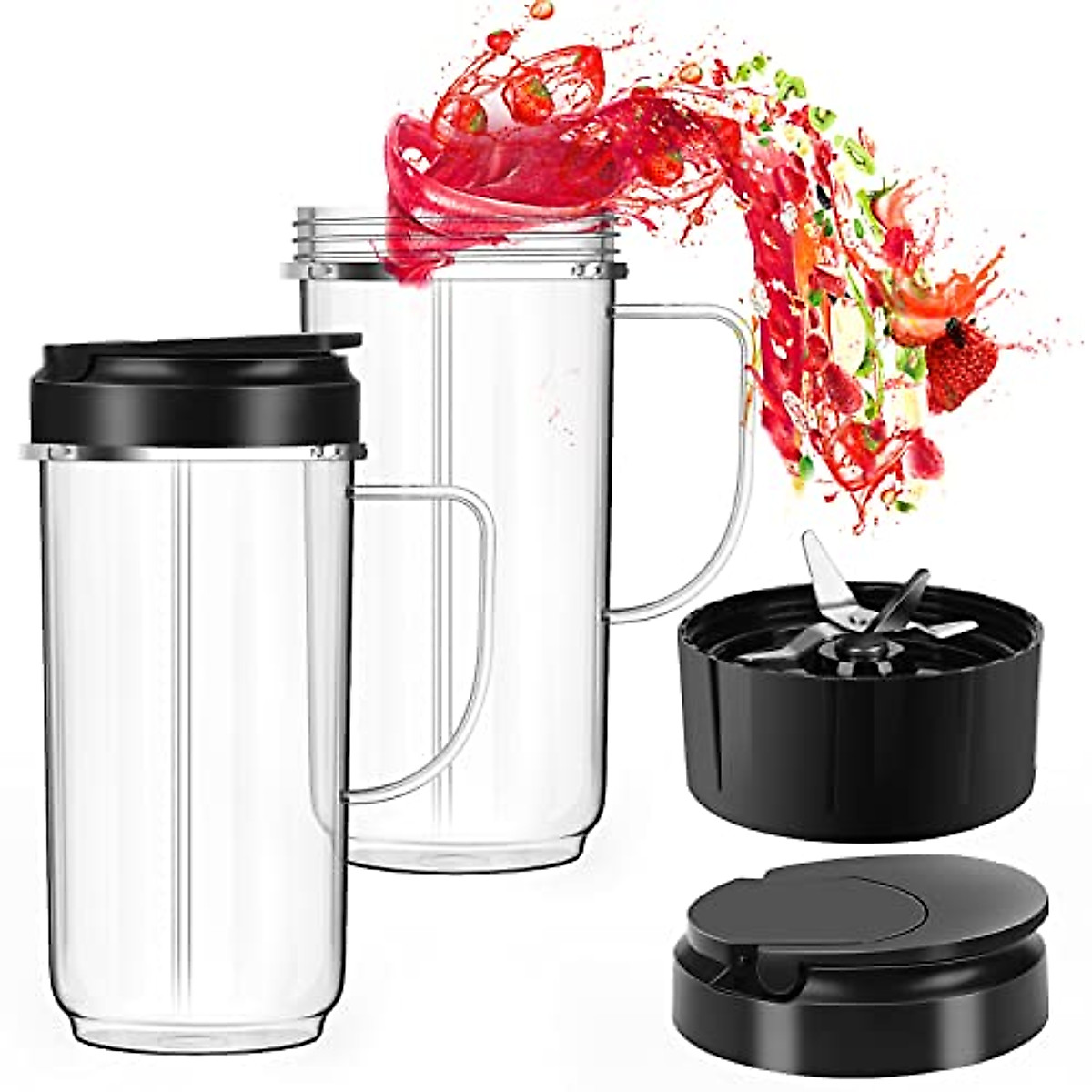 2 Pack Magic Bullet Blender Cups,Tall 22oz Cups Mugs Flip Top To-Go Lids & 4 Fins Cross Blade with Gasket Handle Replacement Part Compatible Magic Bullet Blender Juicer Mixer Accessories 250W MB1001