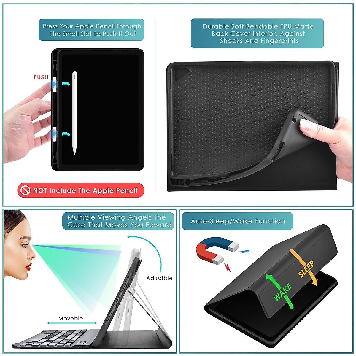 DETUOSI for iPad Air 2 Keyboard Case, for iPad 9.7" 2017/2018 Keyboard Case with Apple Pencil Holder, Detachable Wireless 7-Colors Backlit Keyboard + PU Leather Cover for iPad Pro 9.7", for iPad Air 1