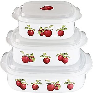 Reston Lloyd Cookware & Storage, Adjustable Vent on Lids Microwavable Cookware/Storage Set, Multiple Sizes, Harvest Apples (20999)
