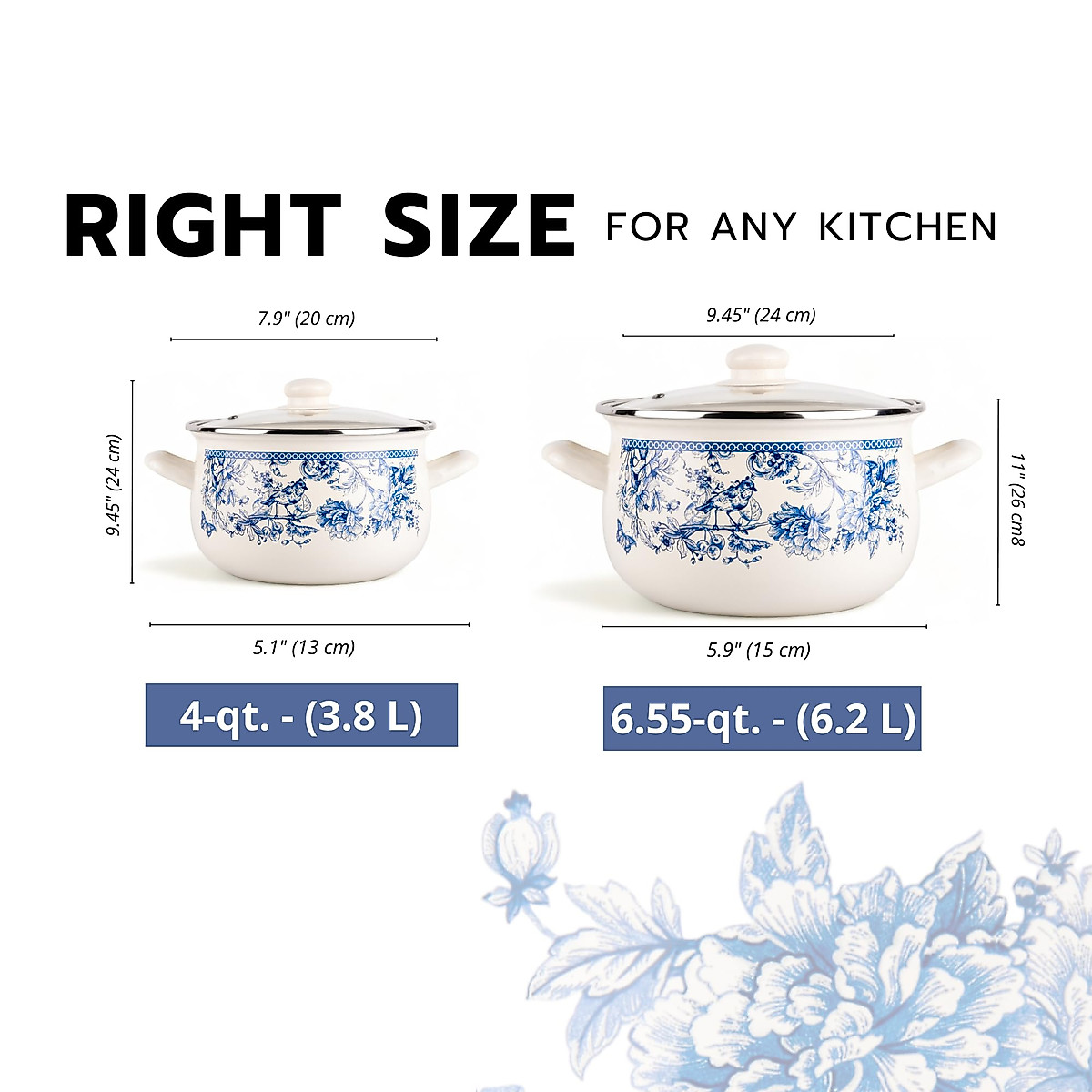 Bird of Paradise Vintage Enamel Belly Deep Stock Pot with Glass Lid Deep Cooking Pot, Dishwasher safe (Set of 2 (3.8 L); (6.2 L))