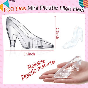 Taiyin 100 Pcs Mini Glass Slippers Clear Princess Slippers Decoration Plastic High Heel Shoes for Women Party Candy Supplies Gift Favor Holders for Wedding Birthday Party Decorations, 3.5 Inch
