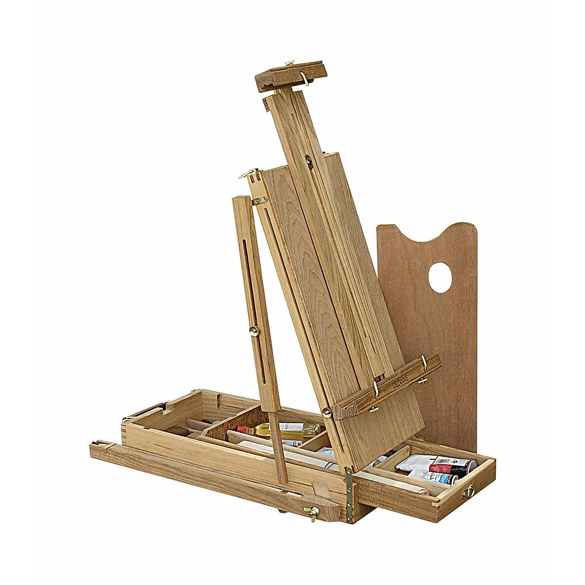 Creative Mark Cezanne Half Box French Easel - Oiled Elm Wood Plein Air Artist Easel, Holds Canvas Up to 33", Comfortable Handle, Divided Supplies Drawer, Brass Hardware, Telescoping Legs