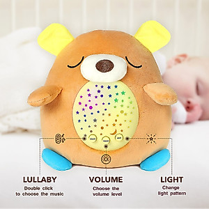 Baby Sleep Soother Happy Bear - Toddler Portable Sound Machine with Night Light Projector - Plush Toy Crib Soother with Music and Lights to Aid Sleep for Newborn