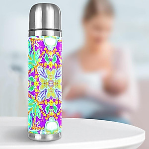 Stainless Steel Leather Vacuum Insulated Mug Flower Pattern Thermos Water Bottle for Hot and Cold Drinks Kids Adults 16 Oz