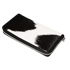 Womens Zipper Wristlet Clutch - Black White Cow Hide Cow Skin Leather Hand Clutch Zip Phone Wallet Clutch Card Case 8' X 4' - Gift for her