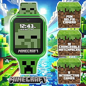 Minecraft Kids Smartwatch - Interactive LED Screen Watch with 10 Custom Watch Faces, Games, Camera, Alarm, Step Tracker & More - Fun Tech Gift for Boys and Girls - Fits Wrists 5.5'' to 8.0"