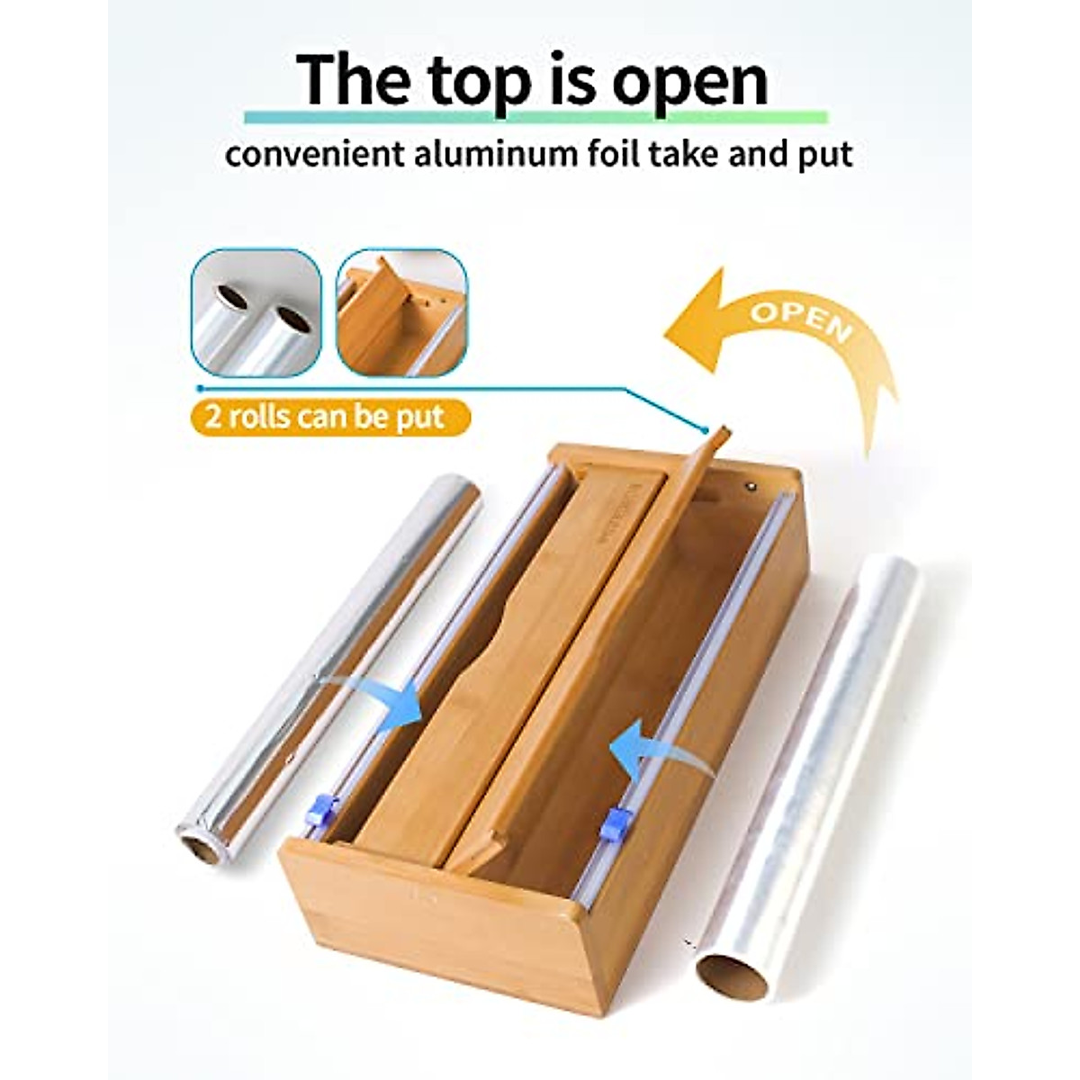 ECOGREDA Plastic Wrap Dispenser with Cutter,Bamboo Tin Foil Organizer for Drawer Cabinet, Suitable for Aluminum Foil Organization and Storage and Parchment Paper(2 in 1)