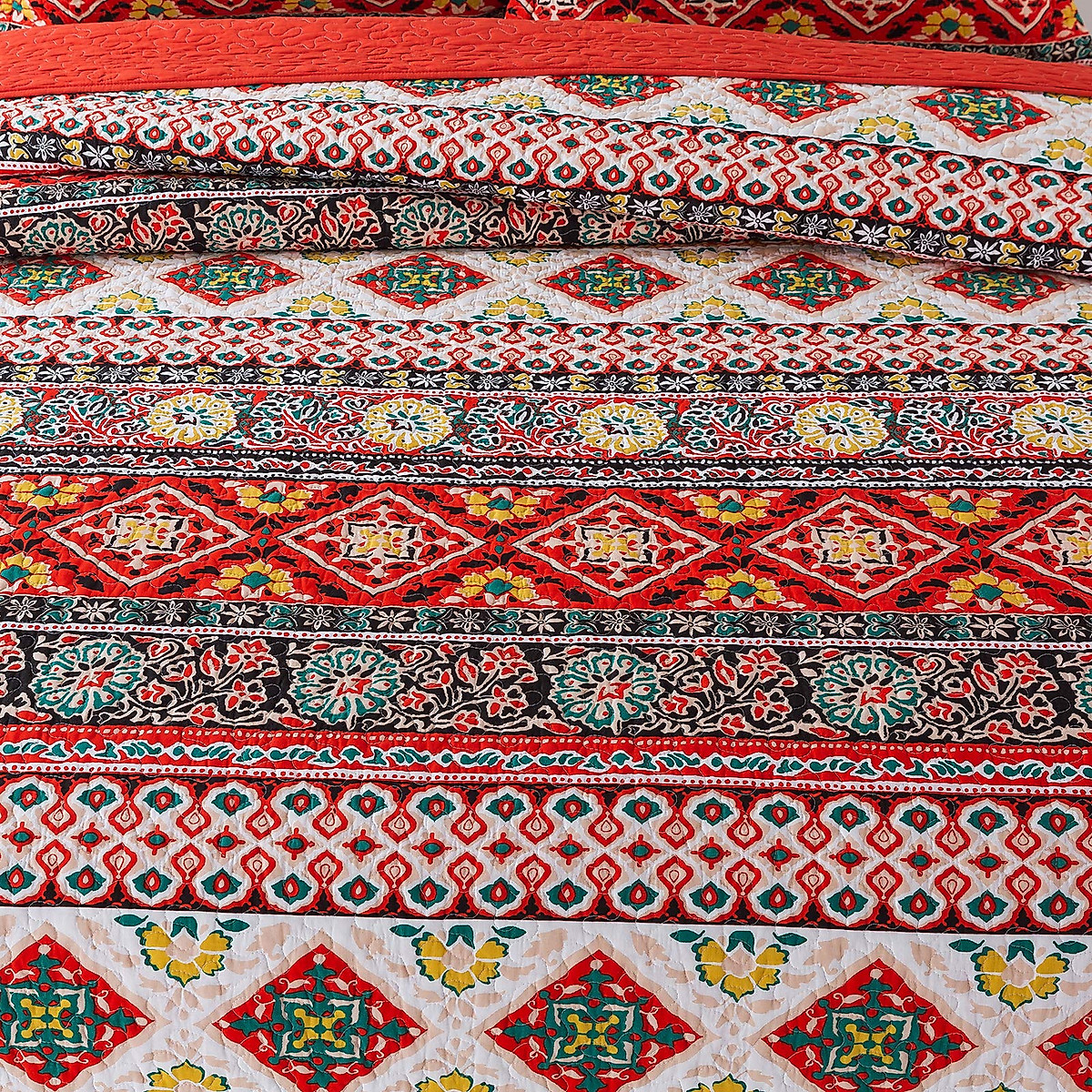 NEWLAKE Cotton Bedspread Quilt Sets-Reversible Patchwork Coverlet Set, European Boho Striped Pattern, Queen Size