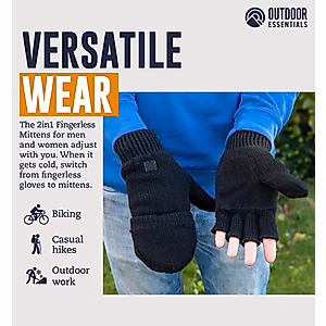 OutdoorEssentials Fingerless Winter Gloves Convertible Mittens for Men & Women - Warm Knit Flip Top Wool Mitten Gloves