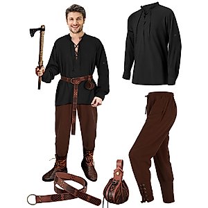 Panitay 4 Pcs Halloween Men's Medieval Costume Set Renaissance Pirate Shirt Pants Viking Belt Retro Pouch Outfit for Cosplay(X-Large,Black, Dark Brown, Brown)