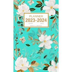 Planner 2023-2024: 5x8 Weekly and Monthly Organizer Small from June 2023 to May 2024 | Hand-Drawn Magnolia Flower Design Turquoise