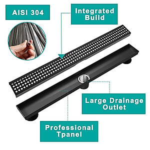 BARONAGE Linear Shower Drain 24 Inch with Removable Square Hole Pattern Cover Grate, 304 Stainless Steel Black Shower Floor Drain Watermark & CUPC Certified Include Accessories