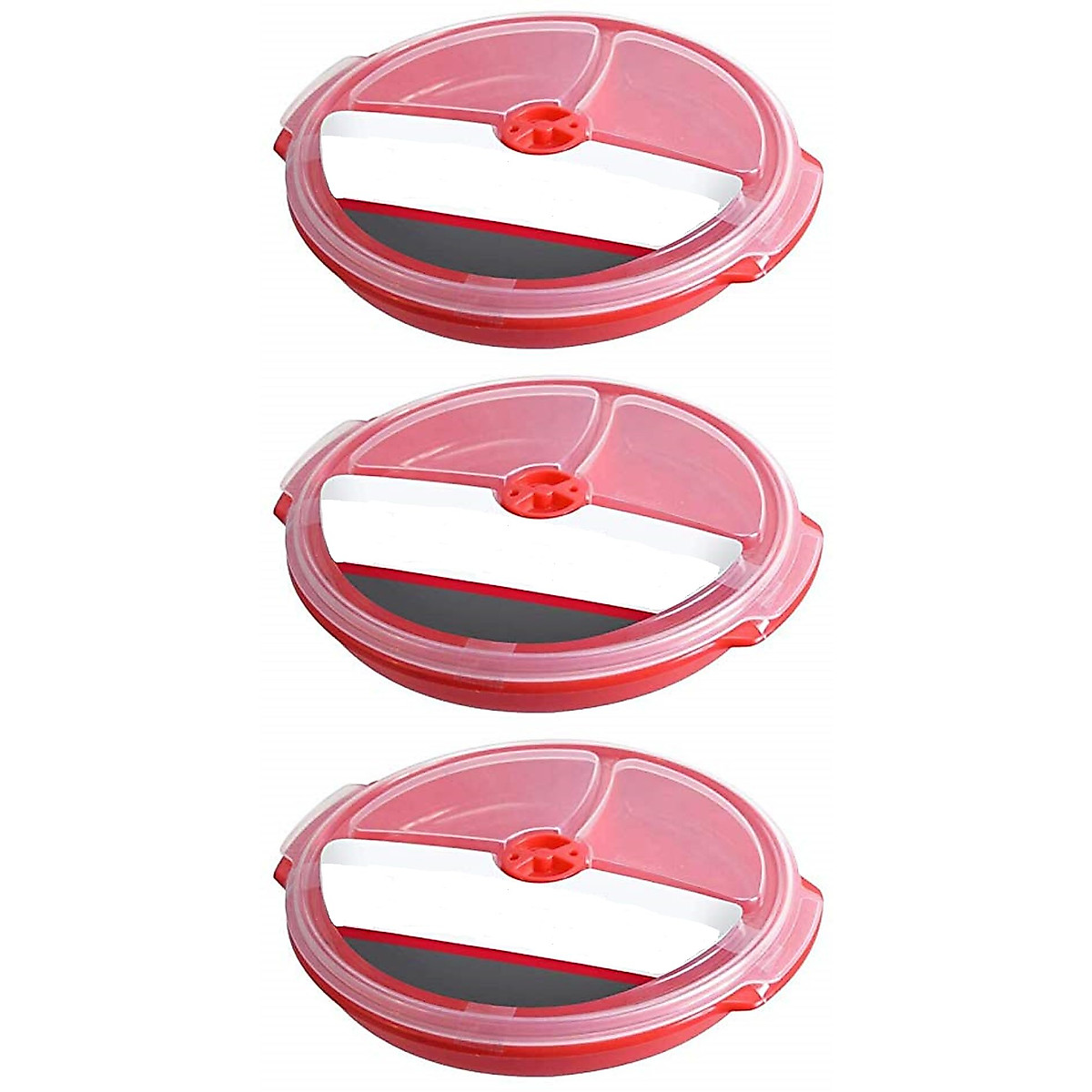 Home Products Essentials Microwave Food Storage Travel Tray Containers - Portion Control - 3 Section Compartment Divided Plates with Vented Lid For Easy Reheat (3, Red)